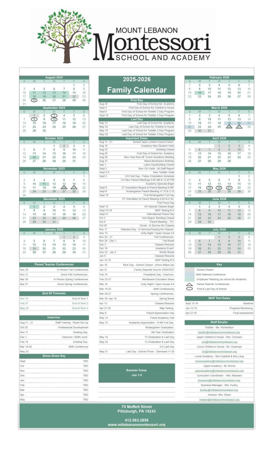 School Calendar | Mt Lebanon Montessori School & Academy